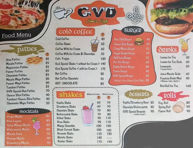 Menu at Gvd soni's cafe, Jaipur, World Trade Park