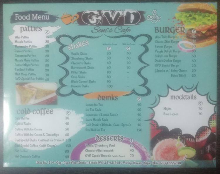 GVD Soni's Cafe a Jaipur: Foto del Menu con Prezzi - Zomato