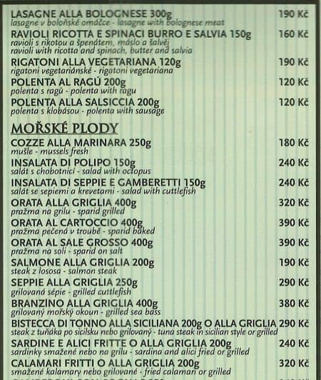 Menu at La Marsa Bologna, Prague