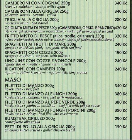 Menu at La Marsa Bologna, Prague