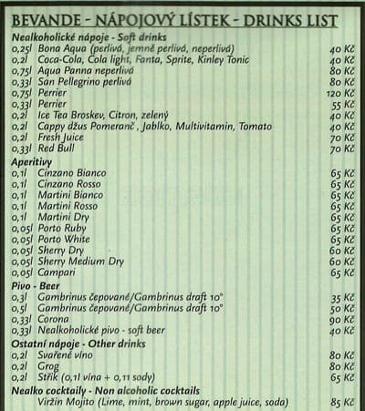 Menu at La Marsa Bologna, Prague