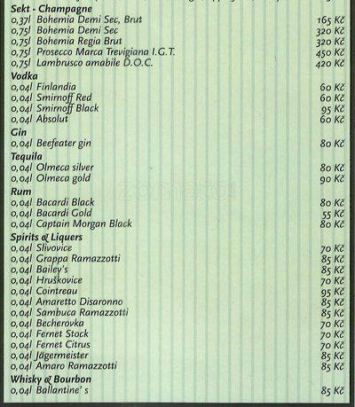 Menu at La Marsa Bologna, Prague