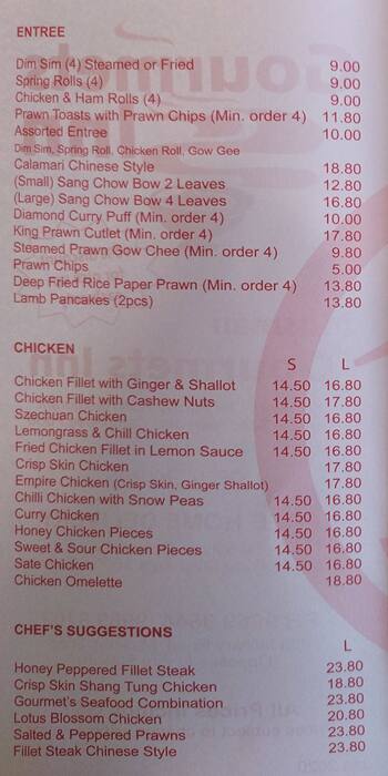 Menu at Mosman Gourmets Inn restaurant, Mosman