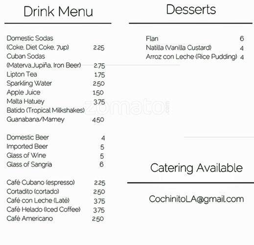 Menu at El Cochinito Restaurant, Los Angeles