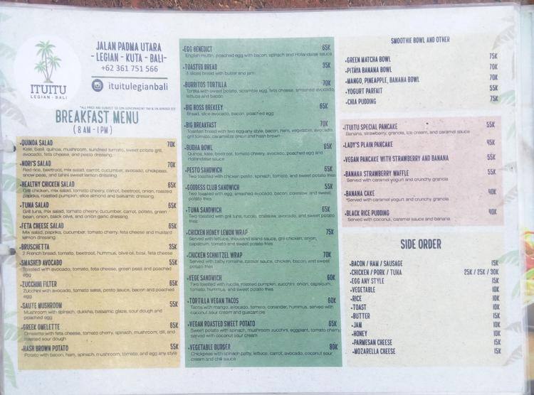 Menu at ITUITU Legian Bali restaurant, Kuta, Jl. Padma Utara