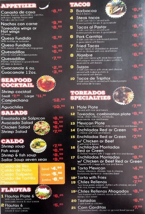 Menu at Los Toreados restaurant, El Paso, Lee Trevino Dr