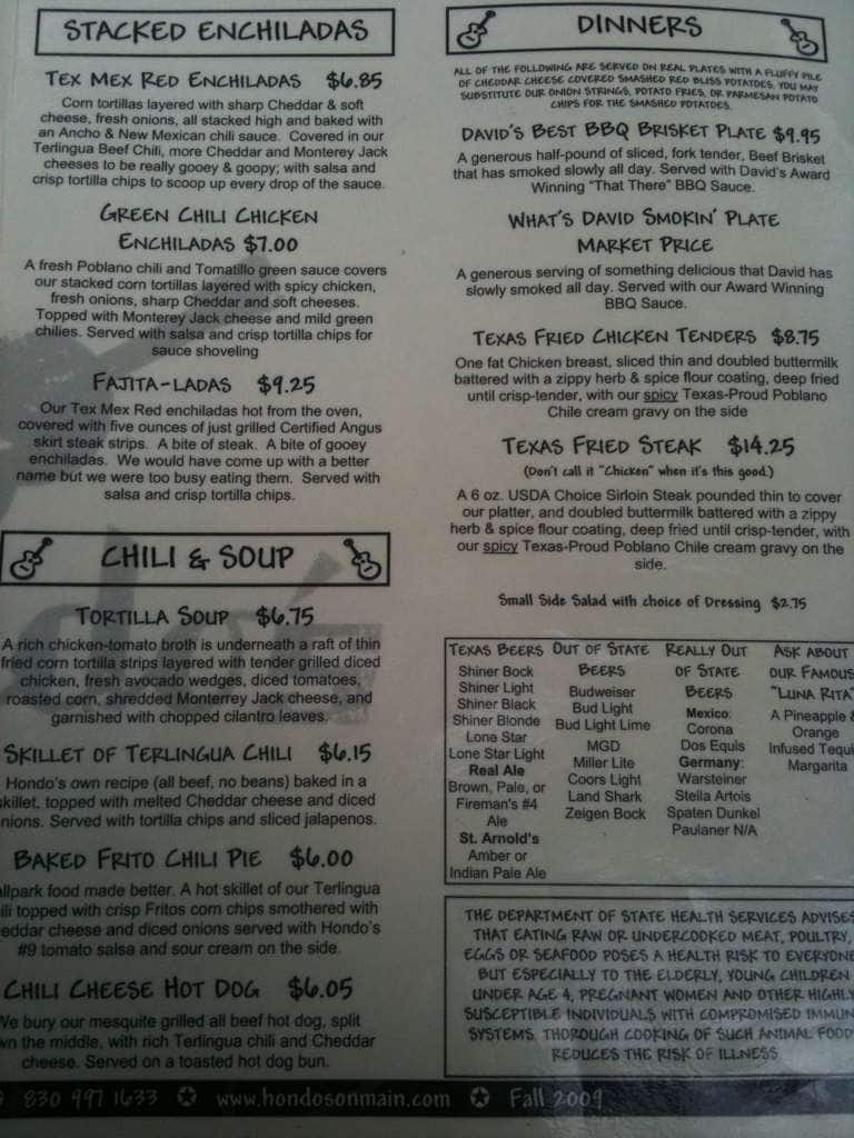 Menu at Hondo's On Main restaurant, Fredericksburg
