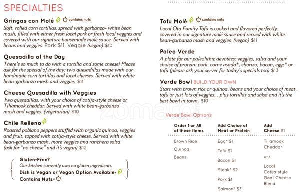 Menu at Verde Cocina, Portland, SW Canyon Court