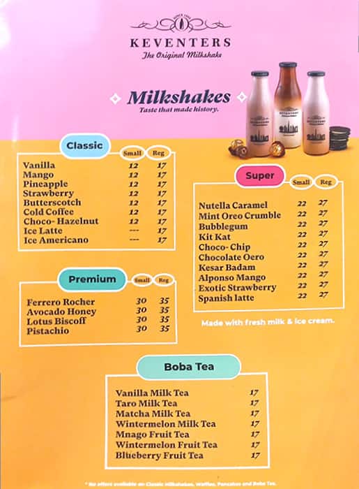 Menu at Keventers -The Original Milkshake restaurant, Dubai