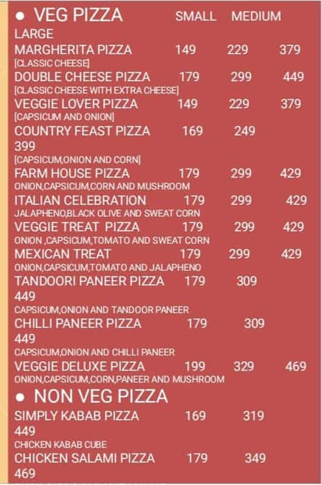 Menu of Pizza Delight, Vivek Vihar, New Delhi