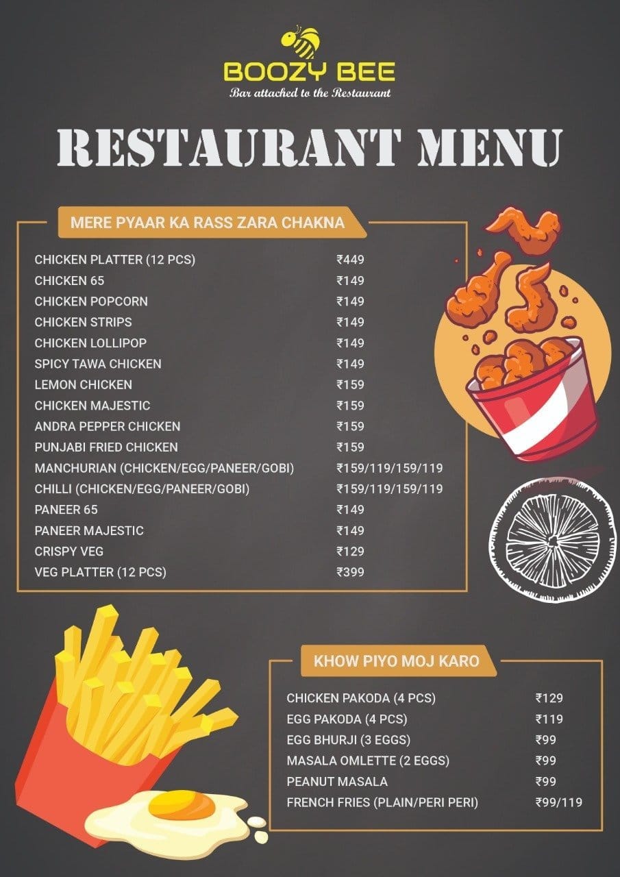 Menu of Boozy Bee Restaurant, JP Nagar, Bangalore