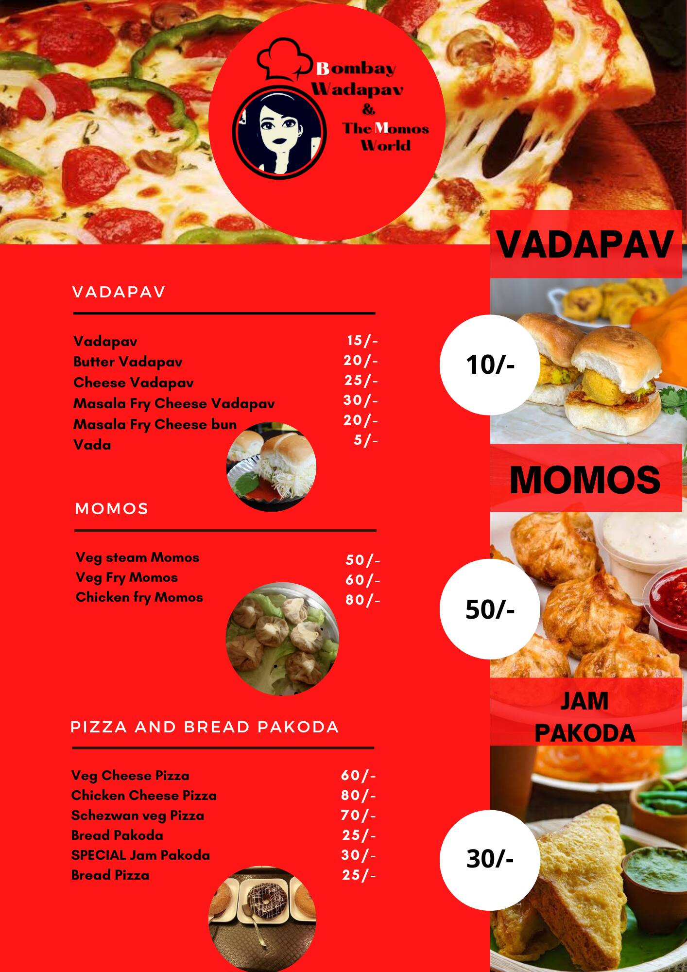 Menu of Bombay Vadapav And The Momos World, Suryanagar, Vadodara