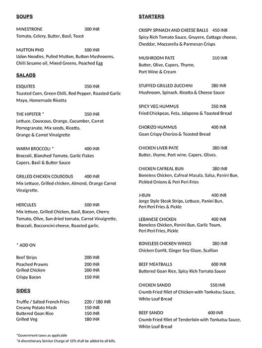 Menu of Sogo Bar & Grill, Varca, Goa