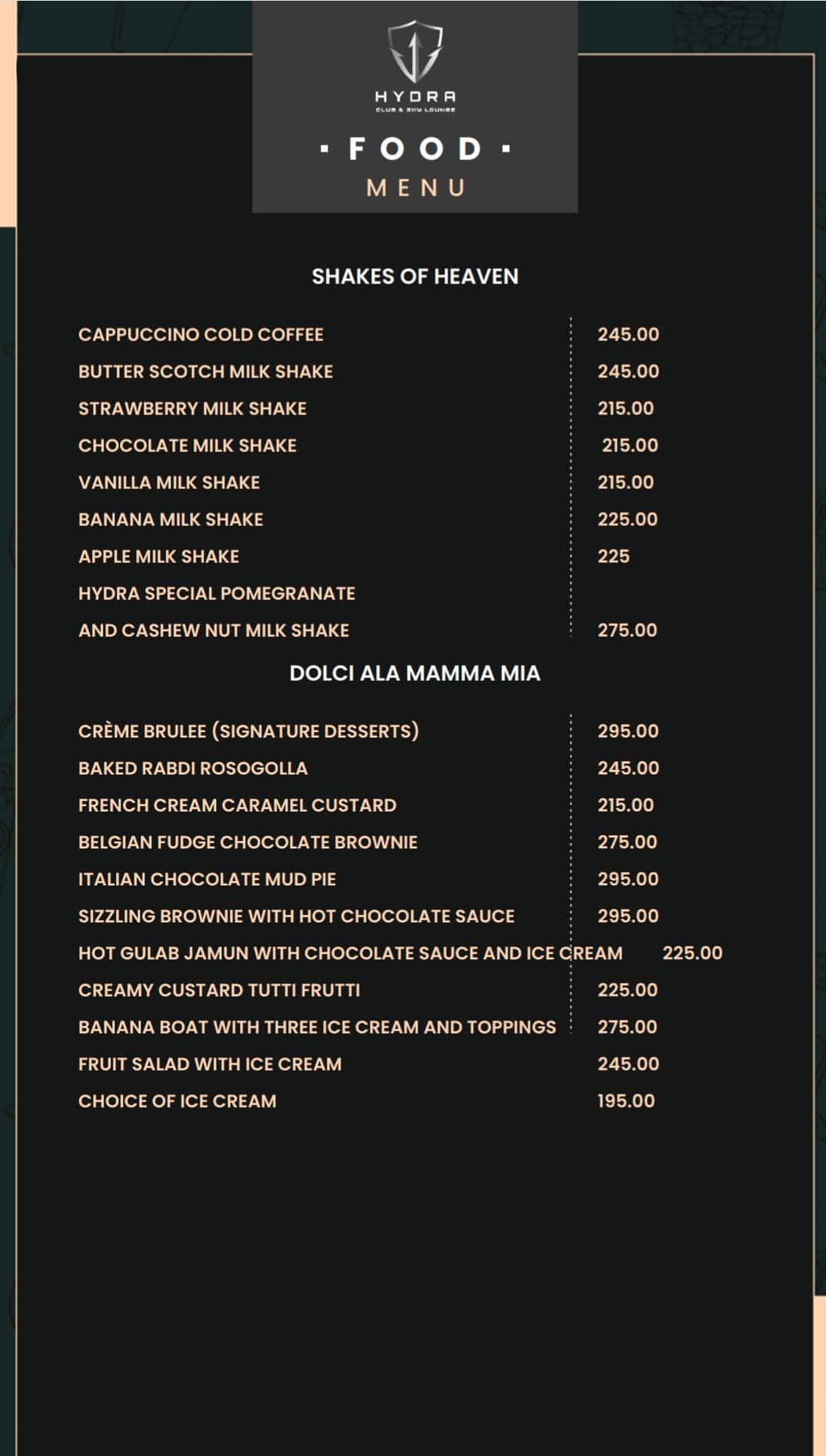 Menu of Hydra Club And Sky Lounge, Baramunda, Bhubaneshwar