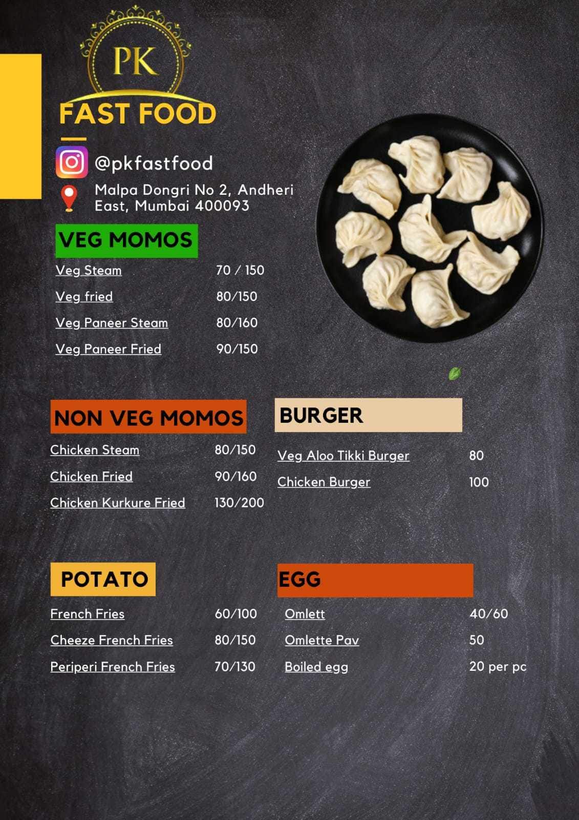 Menu of PK Fast Food, Mahakali, Mumbai