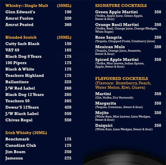 Menu at jive, Bengaluru, 68/1