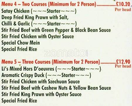 Menu at Li's Chinese Food Take Away fast food, Barnet