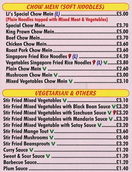 Menu at Li's Chinese Food Take Away fast food, Barnet