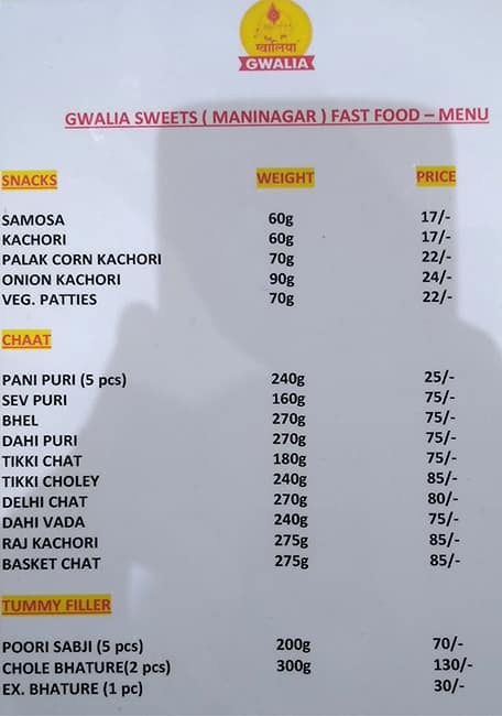 Menu of Gwalia Sweets & Fast Food, Bapunagar, Ahmedabad
