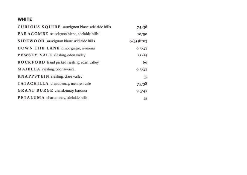 Menu at The Curious Squire pub & bar, North Adelaide, 10 O'Connell St