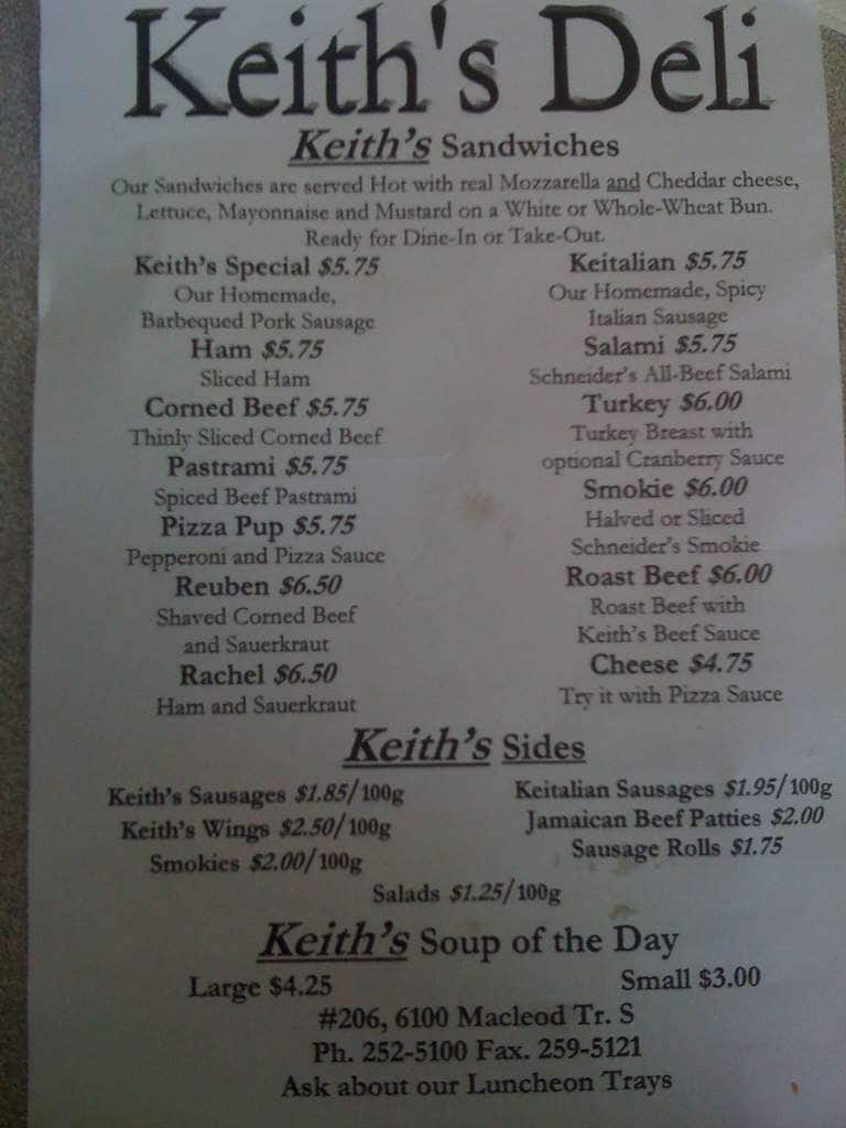Menu at Keith's Deli restaurant, Calgary