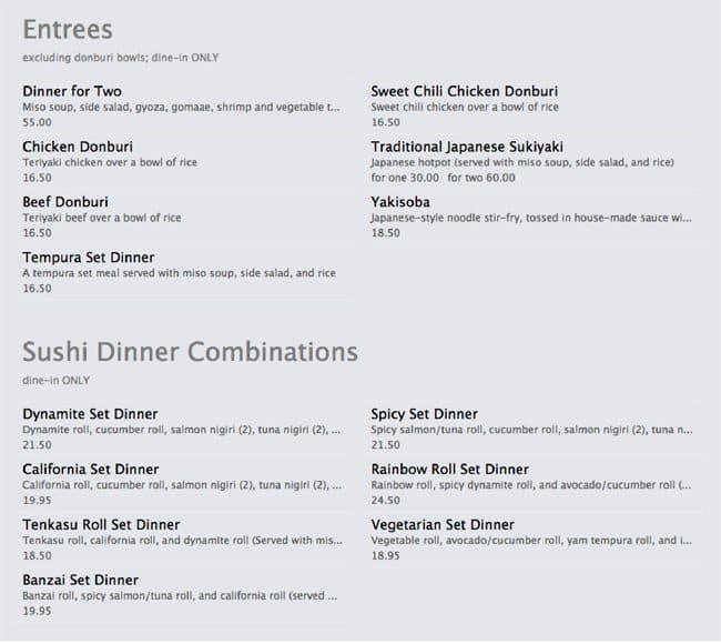 Menu at Enso restaurant, Regina