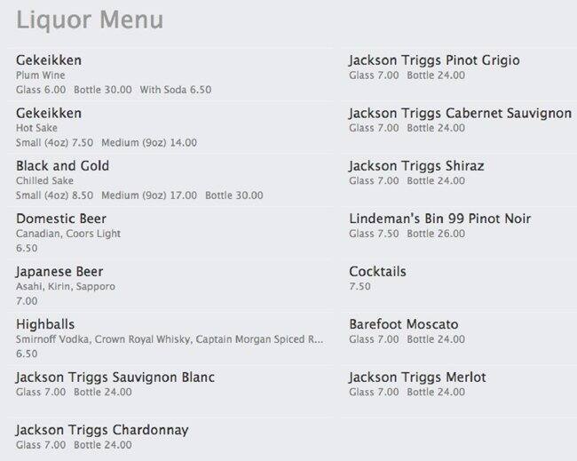 Menu at Enso restaurant, Regina