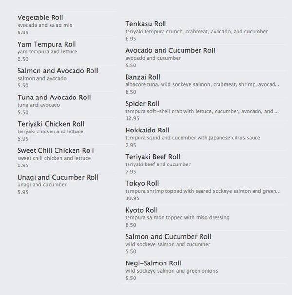 Menu at Enso restaurant, Regina