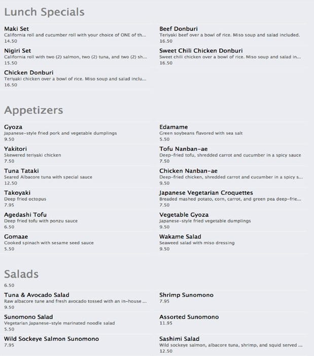 Menu at Enso restaurant, Regina