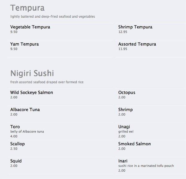 Menu at Enso restaurant, Regina