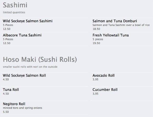 Menu at Enso restaurant, Regina