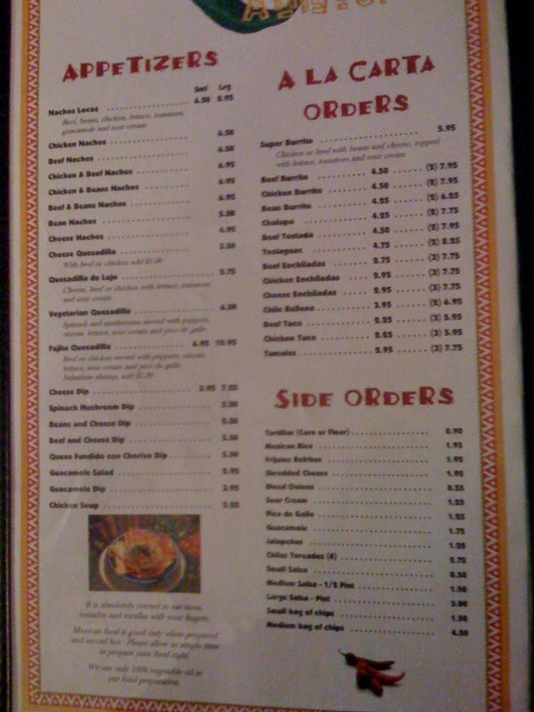 Menu at El Azteca restaurant, Atlanta, 939 Ponce de Leon Ave NE