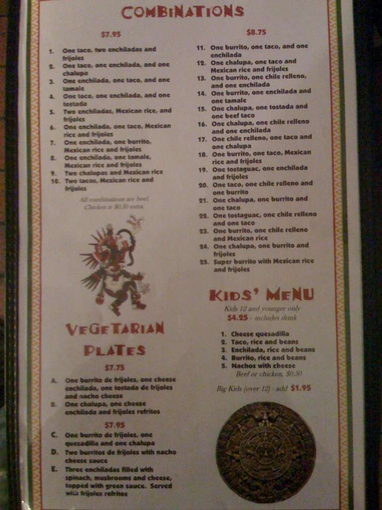 Menu at El Azteca restaurant, Atlanta, 939 Ponce de Leon Ave NE
