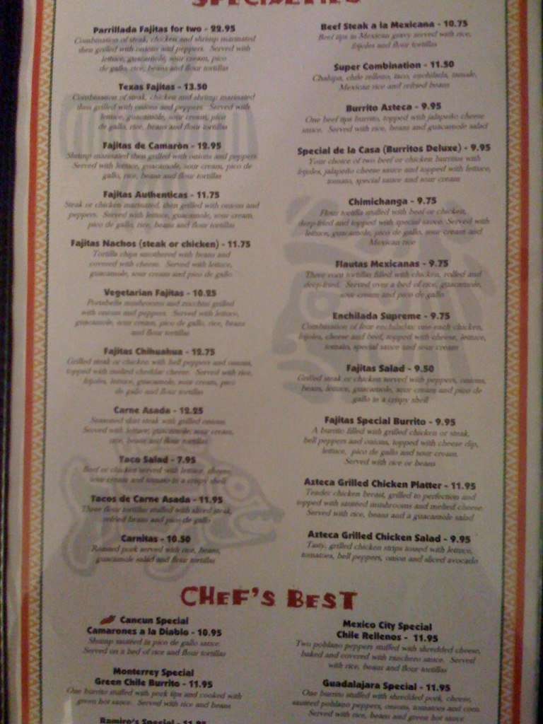 Menu at El Azteca restaurant, Atlanta, 939 Ponce de Leon Ave NE