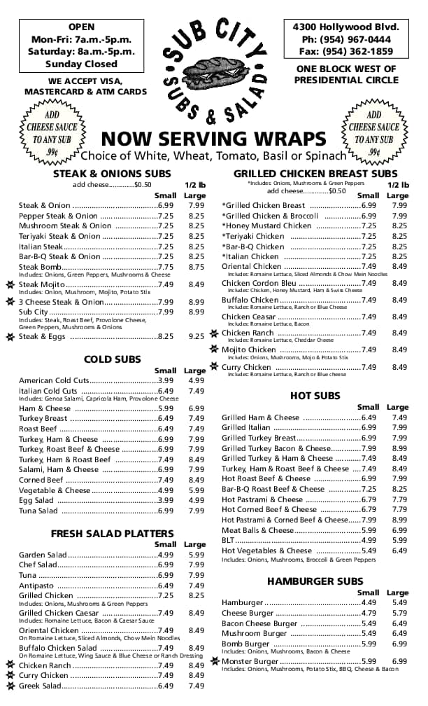 Menu at Sub City Hollywood restaurant, Hollywood