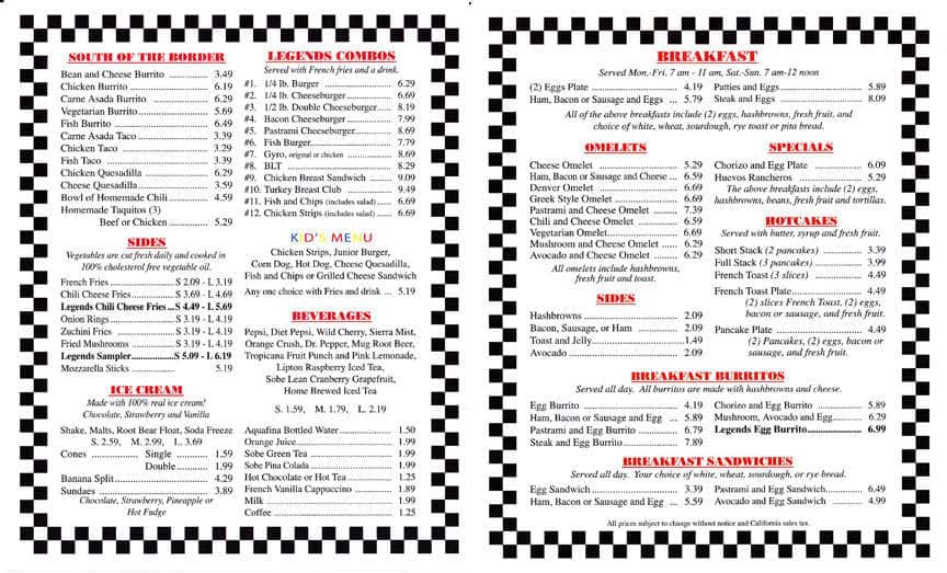 Menu at Legends Burgers fast food, Upland, N Mountain Ave