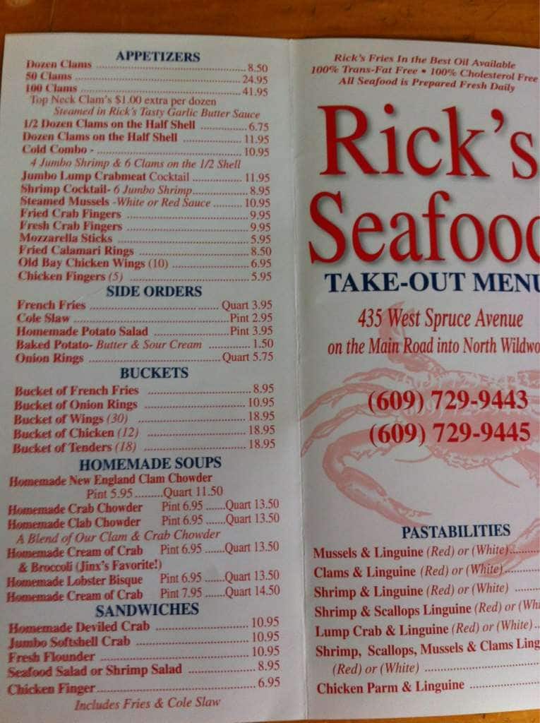 Menu at Rick's Seafood House restaurant, North Wildwood