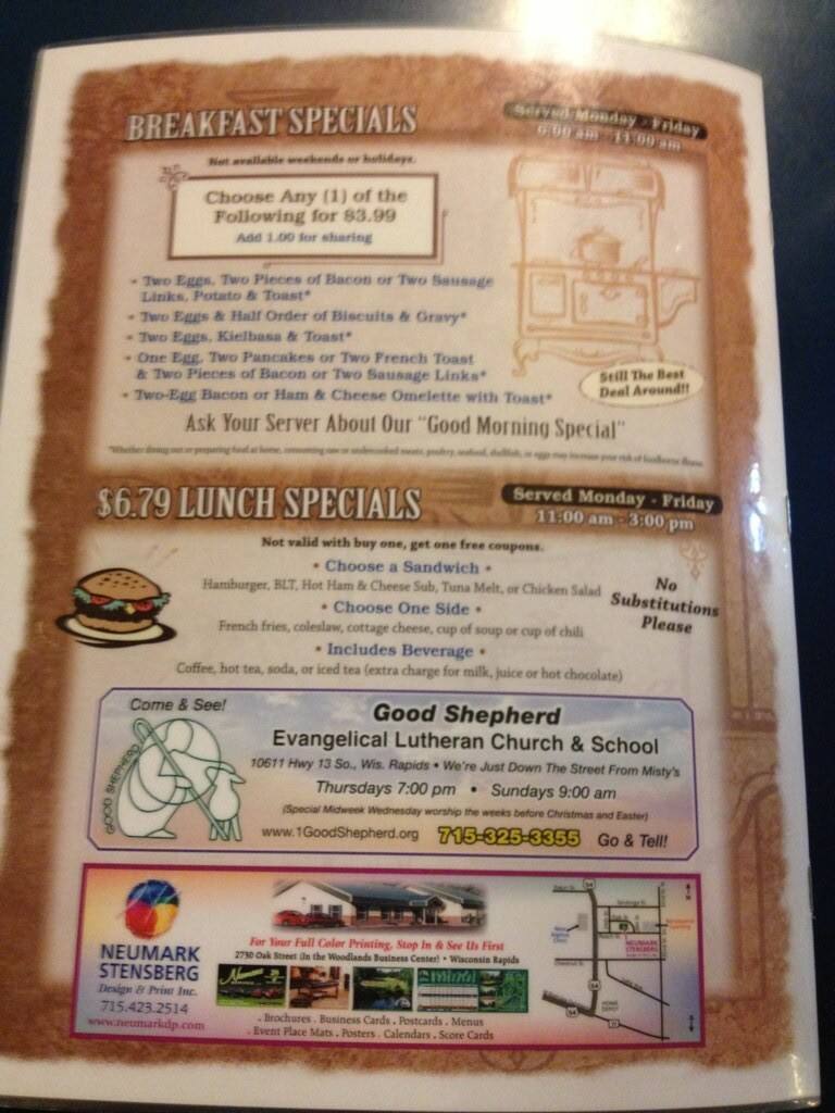 Menu at Pancakes & Burgers restaurant, Wisconsin Rapids