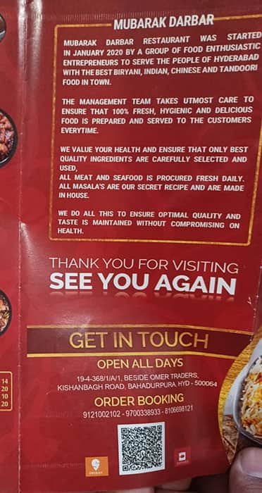 Menu at Mubarak Darbar Restaurant, Hyderabad