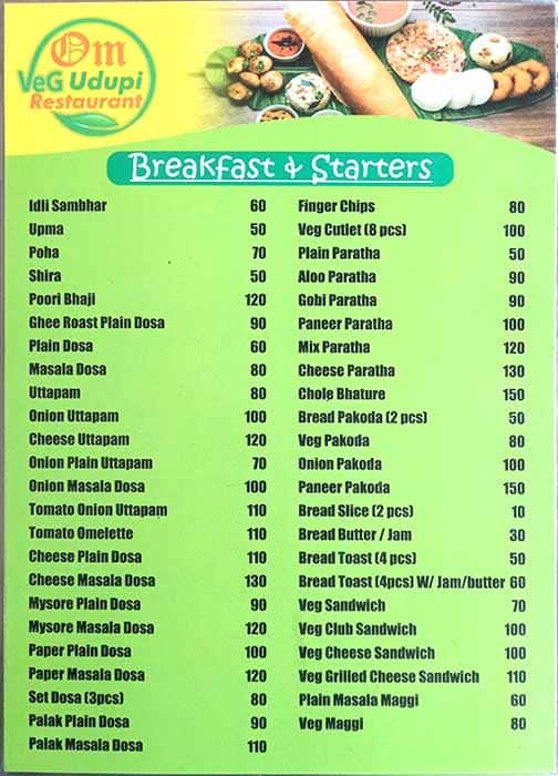 Menu of Om Udupi Restaurant, Anjuna, Goa