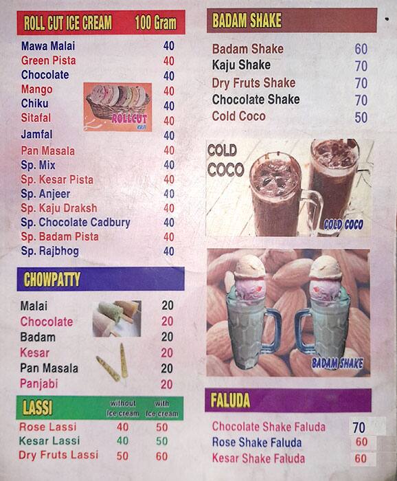 Menu of Bombay Kulfi, Thaltej, Ahmedabad