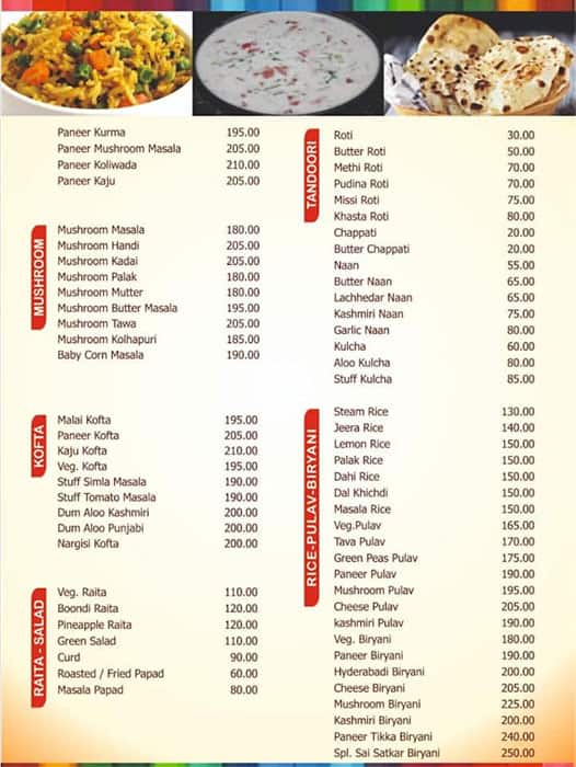 Menu of Sai Satkar Pure Veg, Vashi, Navi Mumbai