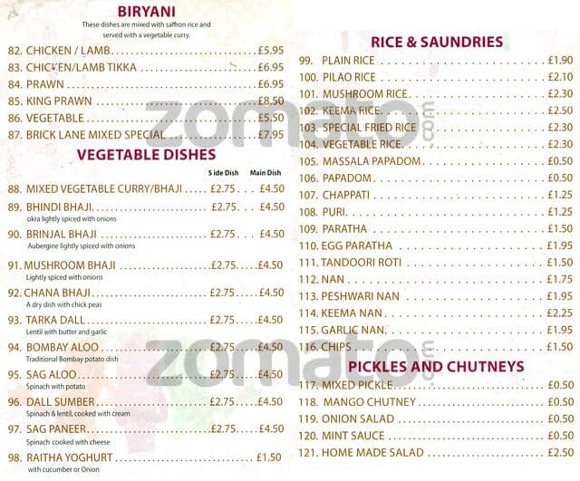 Menu at Brick Lane restaurant, London