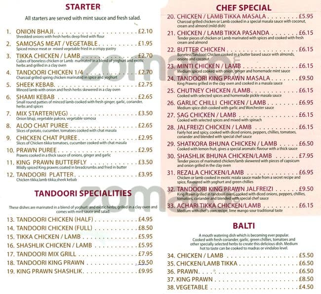 Menu at Brick Lane restaurant, London