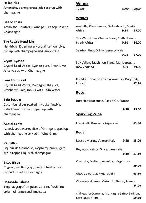 Menu at Vertigo 42 pub & bar, London, Tower 42