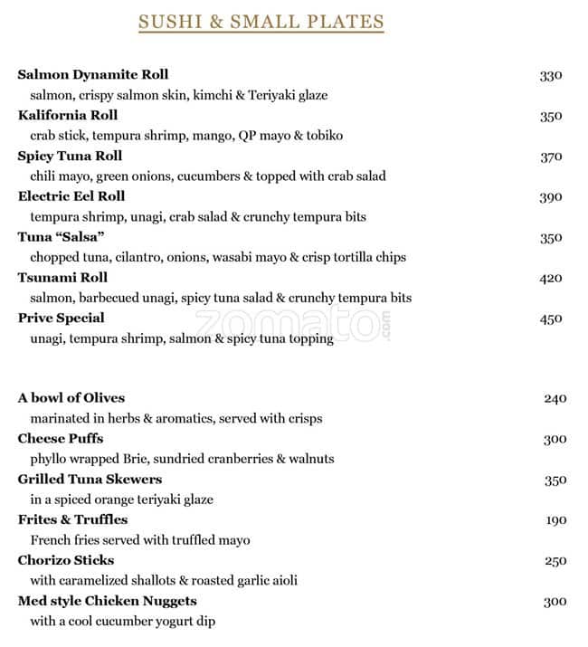 Menu at Prive Luxury Club, Taguig