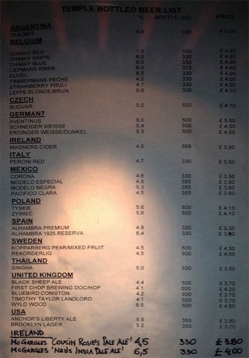 Menu at The Temple pub & bar, Manchester, 100 Great Bridgewater Street ...