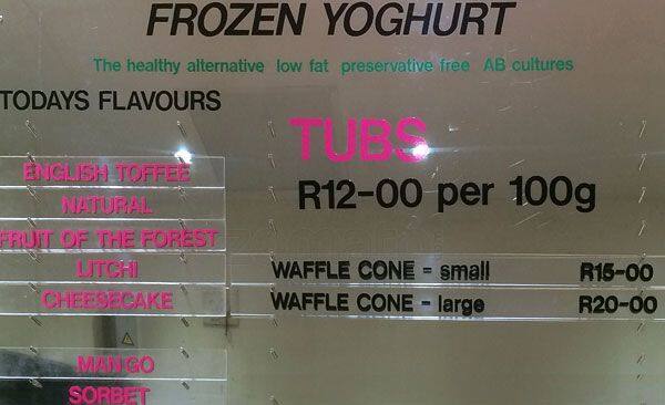 Menu at Memory Lane Frozen Yoghurt desserts, Pretoria