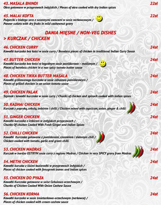 Menu at Masala Magic restaurant, Warsaw