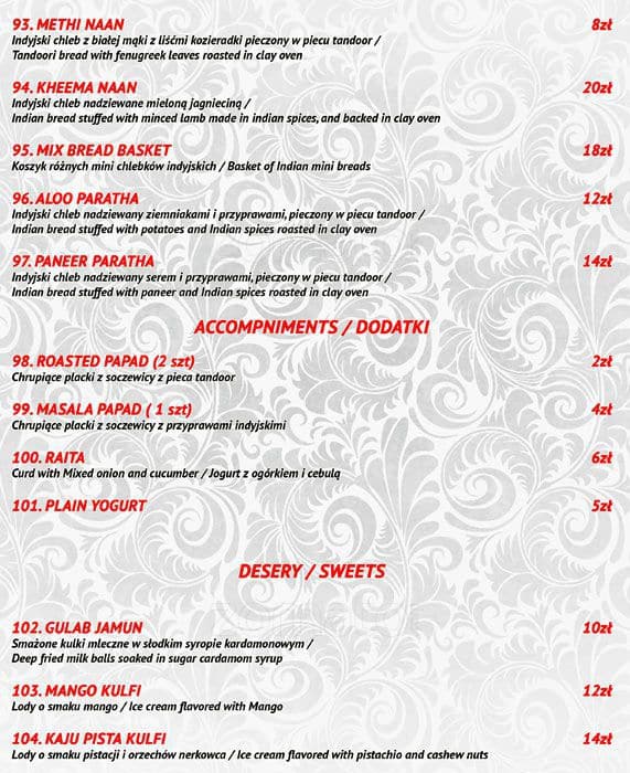 Menu at Masala Magic restaurant, Warsaw